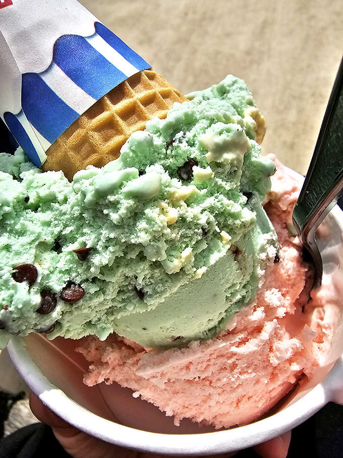 Mint chocolate chip and strawberry ice cream create a color combination as delightful as their flavors. Summer in a cup, no matter what season it actually is.