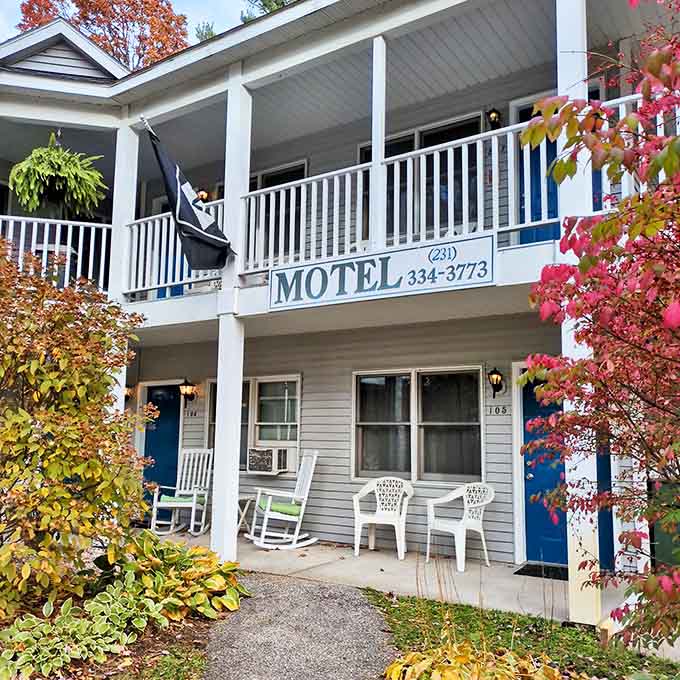 The classic motel experience gets a Michigan makeover with rocking chairs perfectly positioned for evening lake breezes.