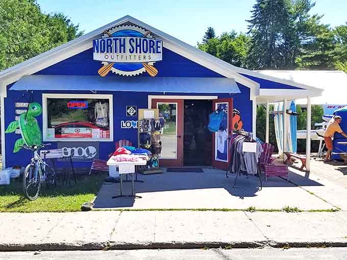 North Shore Outfitters' vibrant blue facade matches the lake it serves, outfitting adventures that become tomorrow's favorite stories.