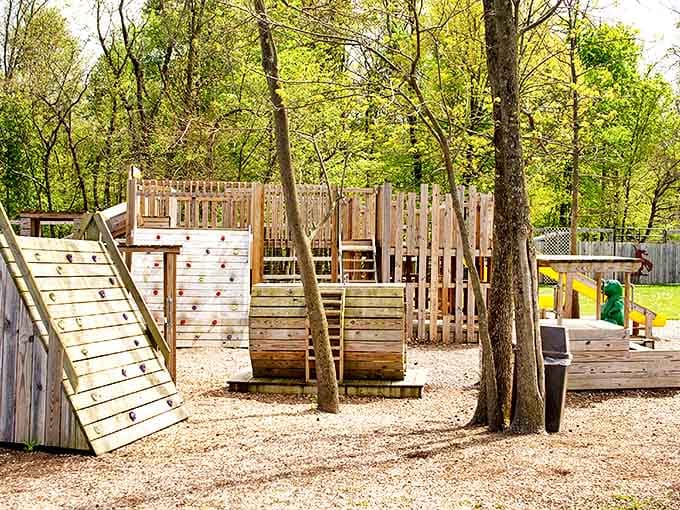 Not just any playground &ndash; this rustic wooden wonderland blends perfectly with its natural surroundings, inviting imaginative outdoor play.