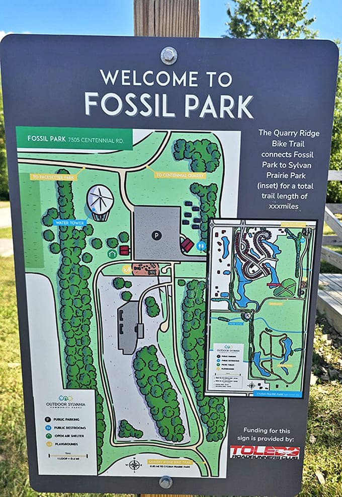 The colorful map reveals Fossil Park's thoughtful design, with accessible paths connecting the quarry to picnic areas and nearby trails.