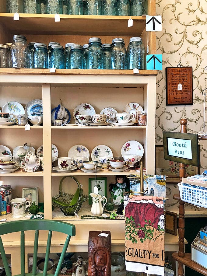 Grandma's china cabinet comes to life with delicate teacups and vintage Mason jars. These dishes have served more family dinners than your local restaurant.
