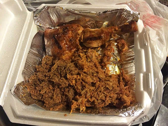 The holy trinity of barbecue &ndash; pork, beef, and chicken &ndash; sharing a container like old friends reuniting for a delicious get-together.