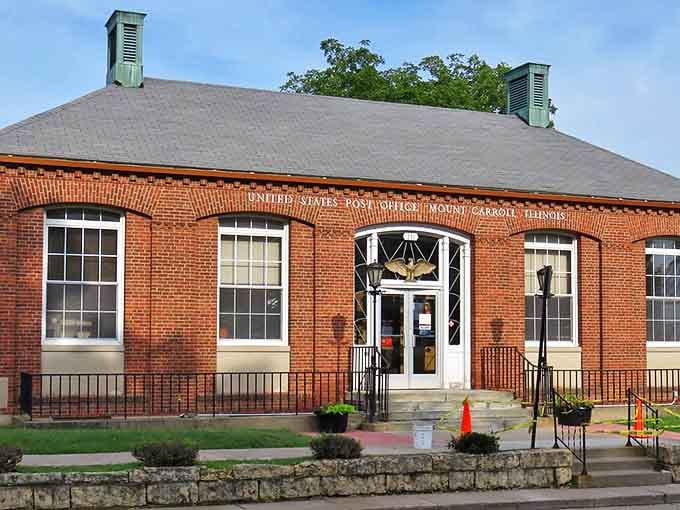 The Mount Carroll Post Office continues its daily mission in a handsome brick building that's served the community for generations.