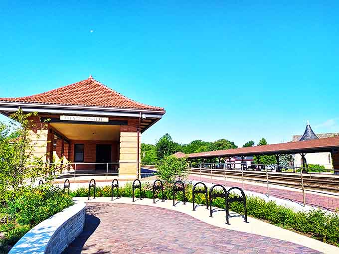 Riverside's Metra Station welcomes commuters home with its distinctive red-tiled roof and charming brick architecture.