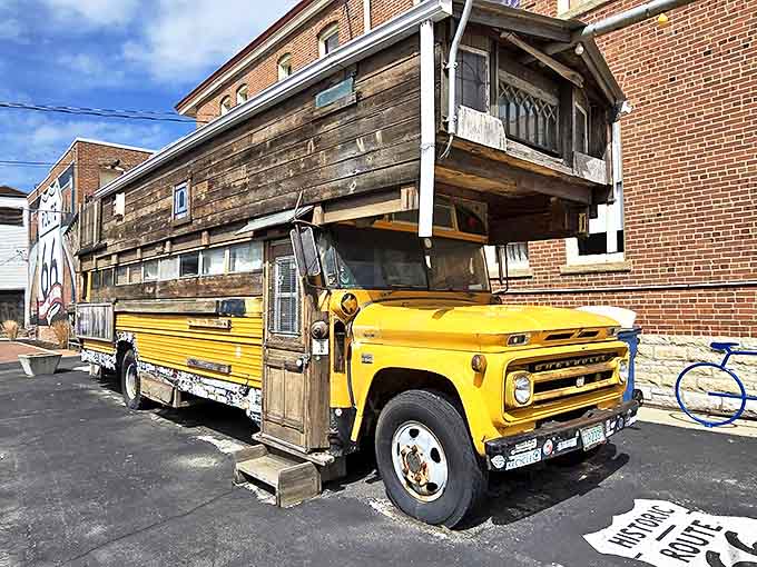 This golden school bus conversion represents the ultimate freedom machine, proving that home is wherever you park your vintage wheels.