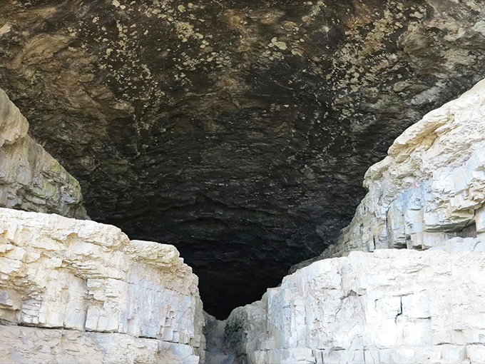 Limestone walls tell geological stories spanning millions of years, their layered textures resembling pages from Earth's own autobiography.