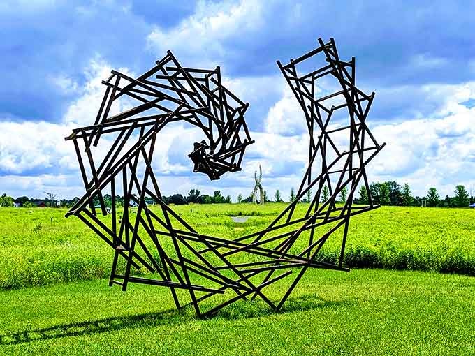 Metal beams twist and turn in this geometric heart sculpture, capturing the complicated nature of love with industrial precision.