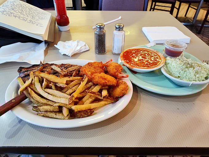 Surf meets turf in this generous plate featuring a juicy sirloin steak and golden fried shrimp &ndash; proof that Village Inn excels beyond chicken.