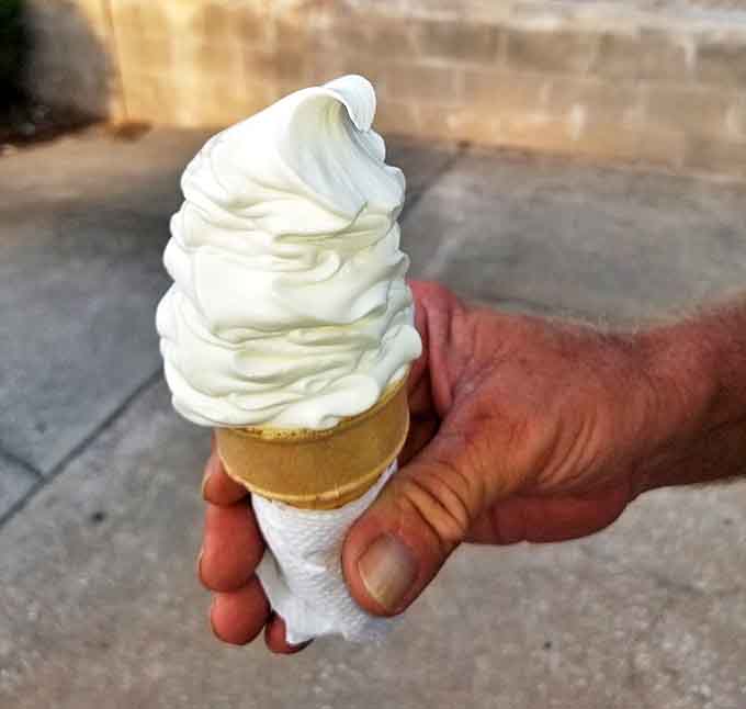 A perfect spiral of vanilla soft serve stands tall and proud, defying gravity and the Florida heat in a delicious race against time.