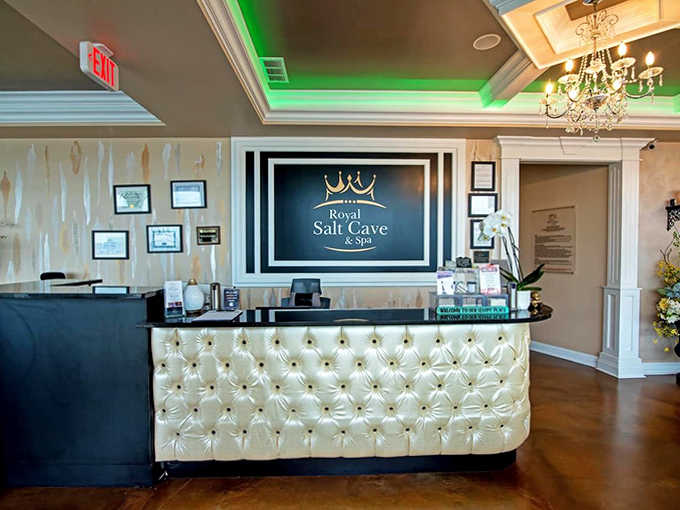The royal treatment begins at this tufted reception desk, where wellness seekers are greeted like the kings and queens they deserve to be.