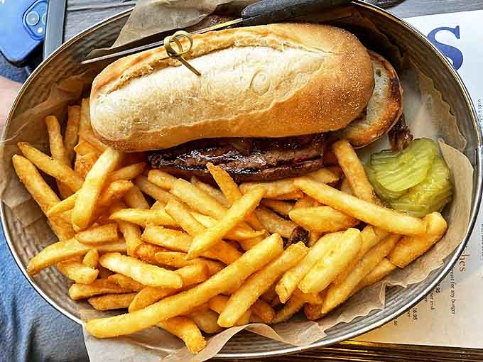 This steak sandwich means business &ndash; tender sirloin on a crusty baguette with a side of chips that puts ordinary fries to shame.