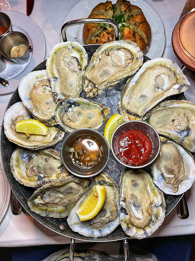 Fresh oysters glisten on their bed of ice, arranged in a perfect circle like nature's jewelry box waiting to be treasured.
