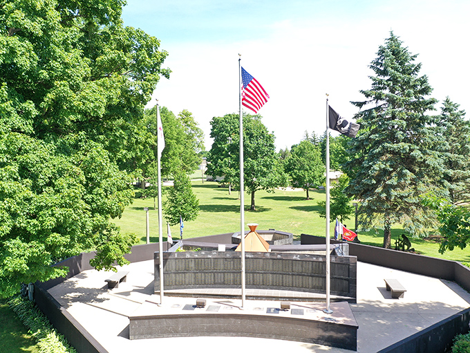 The Veterans Memorial stands as Kirkland's tribute to service and sacrifice. Those flags aren't just decoration—they're a daily remembrance.