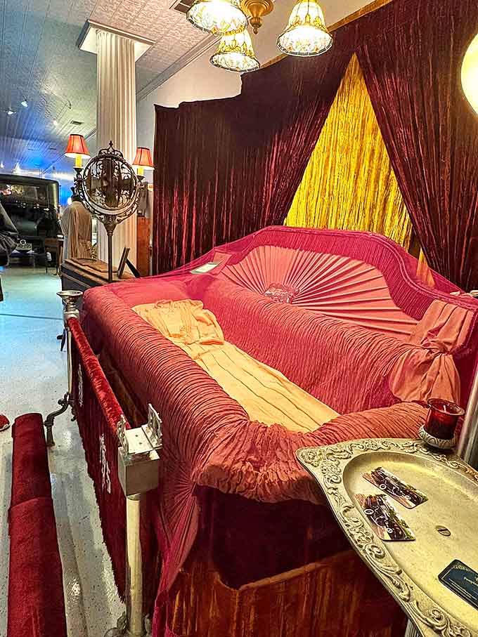 Victorian-era caskets featured plush interiors and elaborate detailing, transforming the practical into the ceremonial with remarkable craftsmanship.