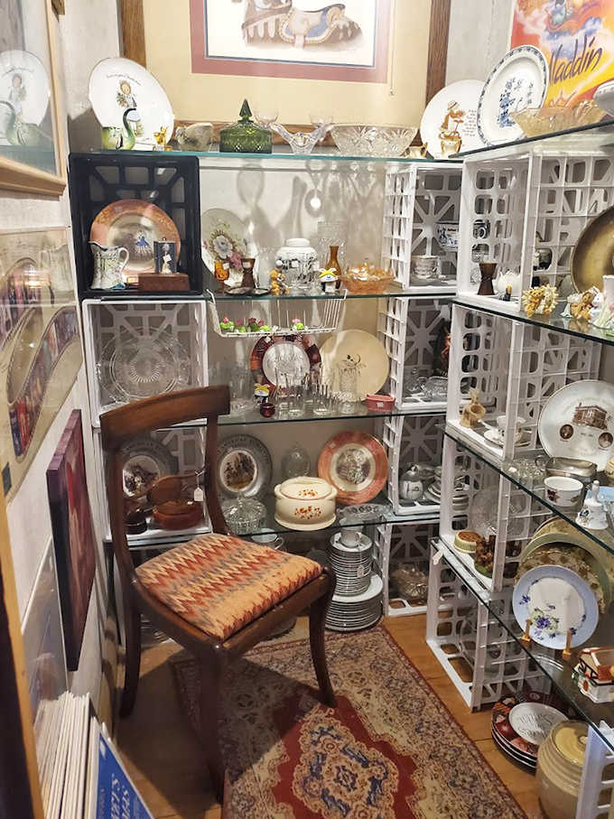 Fine china and porcelain treasures display their delicate artistry, each plate and teacup a canvas for bygone craftspeople's meticulous handiwork.