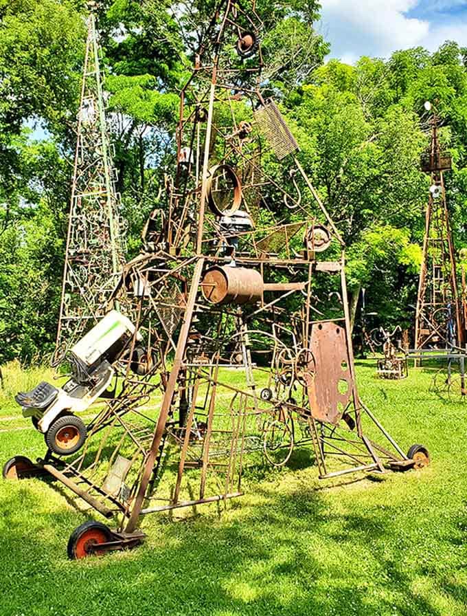 A large metal assemblage that looks like a tornado hit a hardware store and decided to make art instead of chaos.