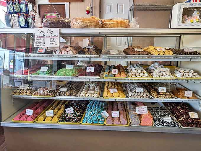 Bagels, danishes, and treats lined up like delicious soldiers ready to wage war on your willpower and win decisively.