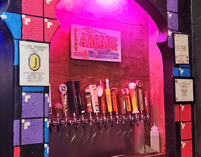 The beer taps stand ready like soldiers, each one promising liquid courage for your next attempt at Donkey Kong's kill screen.