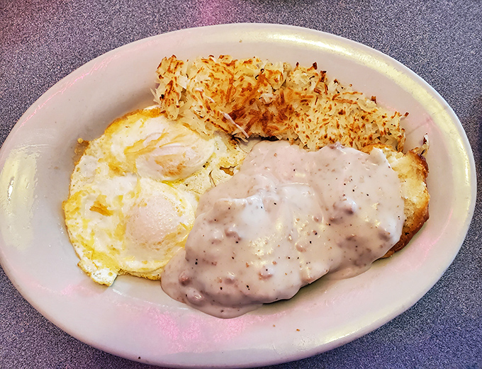 Another angle of breakfast bliss &ndash; where the gravy cascades just right and the eggs stand ready to add their rich contribution.