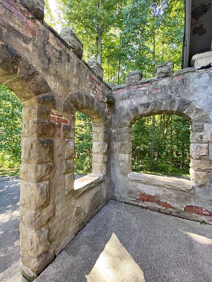 Windows carved from ancient stone offer glimpses of emerald forest, framing nature's artwork in medieval frames.