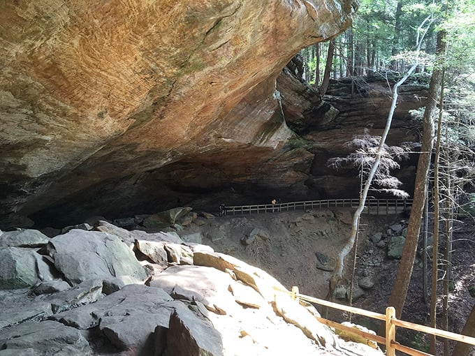 Ancient rock formations frame the cave trail, creating a natural hallway that feels like walking through Earth's own art gallery.