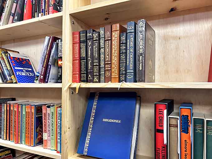 Collectible editions gleam from their wooden perches, their elegant bindings and gold lettering whispering promises of literary prestige.