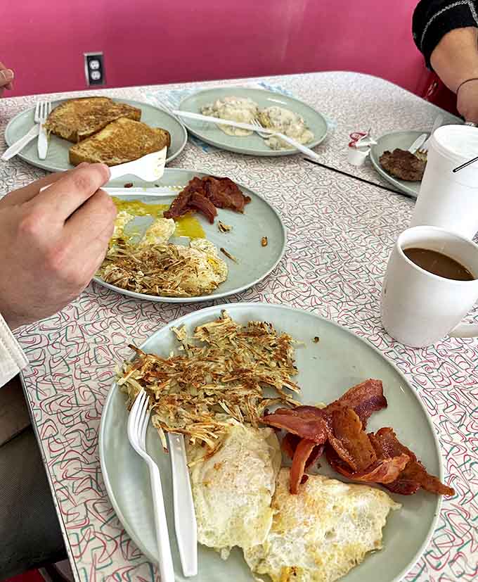 Breakfast at the diner isn't just a meal &ndash; it's a morning ritual where eggs, hash browns, and bacon perform a perfectly choreographed dance on your plate.