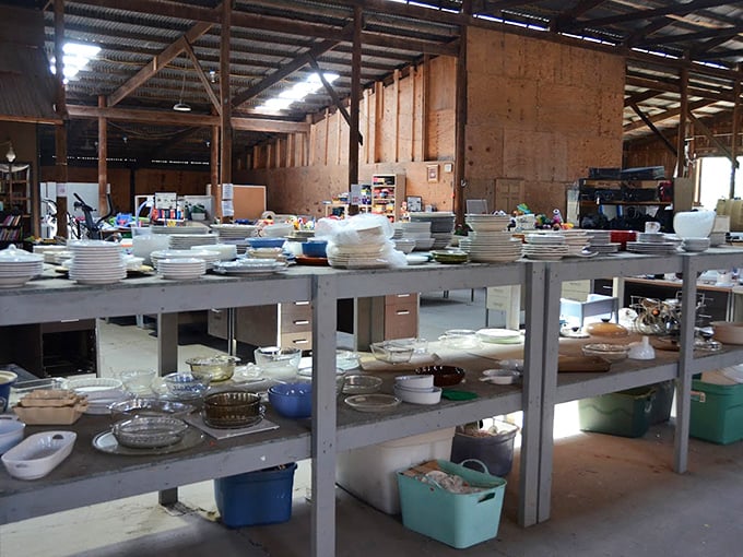 Stacks of dishes organized by color create an unexpected rainbow &ndash; proving secondhand shopping can be both practical and visually delightful.