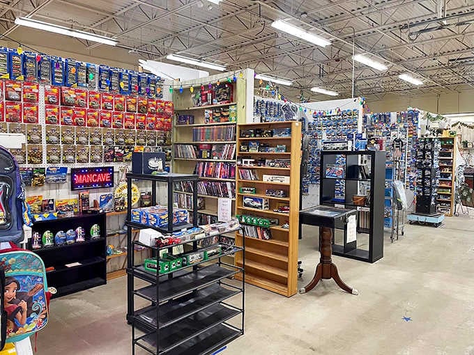 Aisles stretch endlessly, packed with treasures from floor to ceiling, proving that more really is more when it comes to vintage shopping.