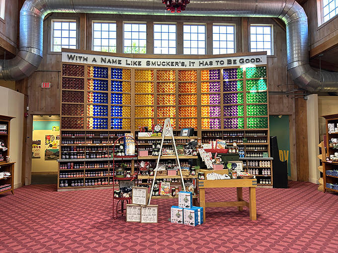 With a name like Smucker's, it has to be good glows above a rainbow wall of preserves, creating the most colorful library ever assembled.