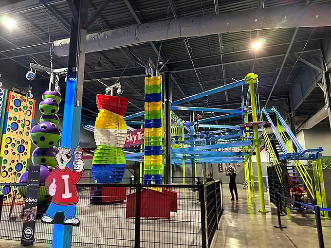 The Sky Trail ropes course towers overhead like a colorful jungle gym designed by someone who clearly never heard the phrase "too high."