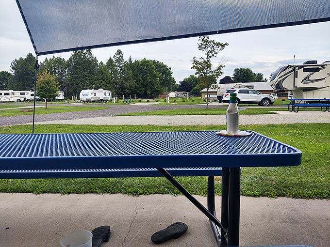 A blue picnic table sits ready for alfresco dining, with RV sites spread across manicured grounds in the background.