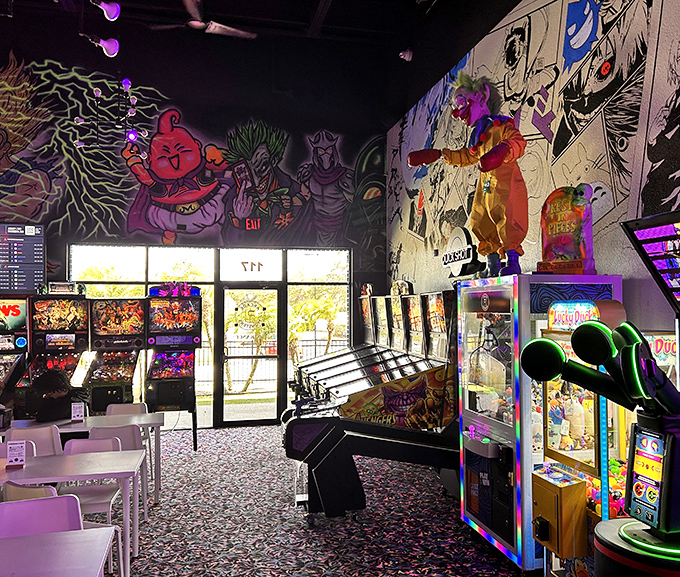 Vibrant murals transform ordinary walls into extraordinary canvases, creating the perfect backdrop for pinball wizardry and gaming greatness.