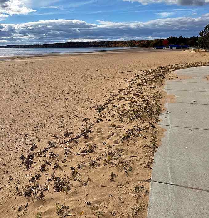 The sandy stretch offers a gentler experience for beachgoers who prefer traditional shorelines to rocky hunting grounds.