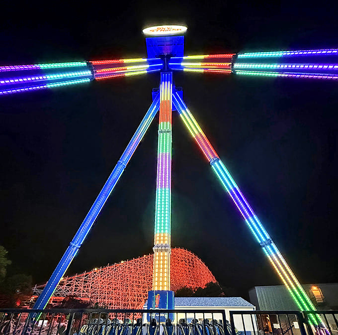 At night, Sky Striker transforms into a glowing beacon of "questionable life choices" visible from several zip codes away.