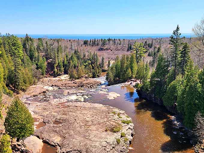 Towering pines and birch trees frame the river valley, their roots somehow finding purchase in what seems like solid rock, nature's persistence personified. 