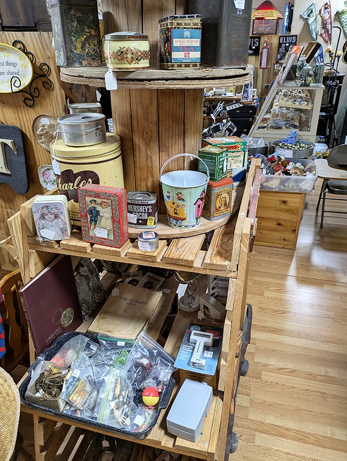 Vintage tins, containers, and figurines create a colorful tapestry of American commercial art and home d&eacute;cor through the decades.