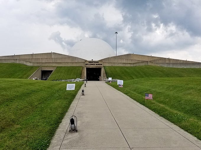 Another view of the museum's futuristic design, with its earth-bermed structure blending space-age vision with the Ohio landscape.