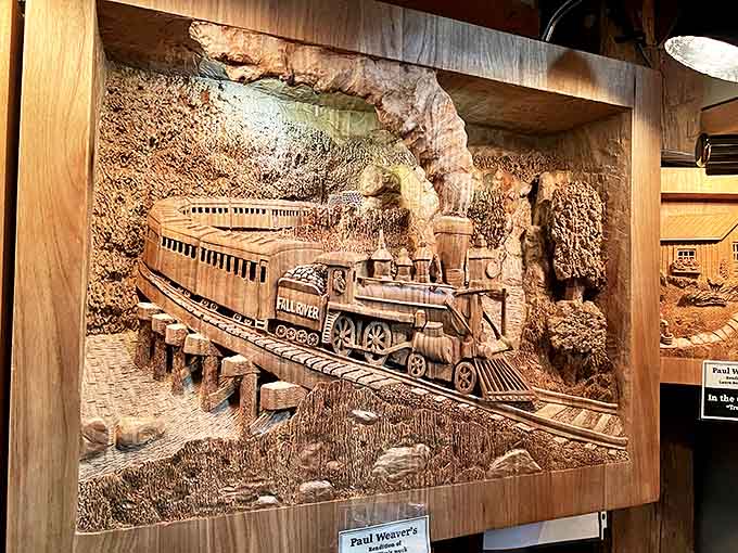 Exquisite woodcarving transforms ordinary lumber into extraordinary art, depicting a steam locomotive that practically whistles as you admire it.