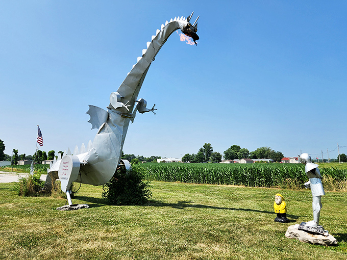 Who needs fantasy movies when Vandalia has a real fire-breathing dragon? This metallic beast lights up with a roar when fed special tokens.