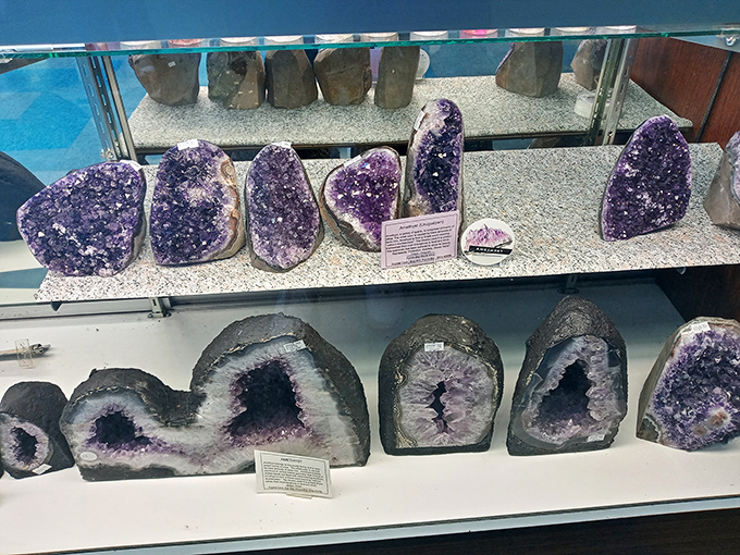 Purple perfection &ndash; these amethyst specimens in the display case offer a colorful contrast to the blue-white celestite that made the cave famous.