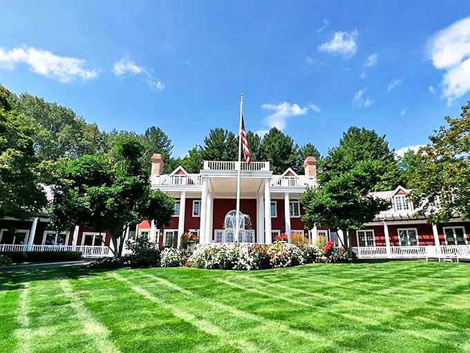 Blackstar Farms' stately white columns and manicured grounds offer a touch of elegance amid the rolling vineyards of Leelanau Peninsula.