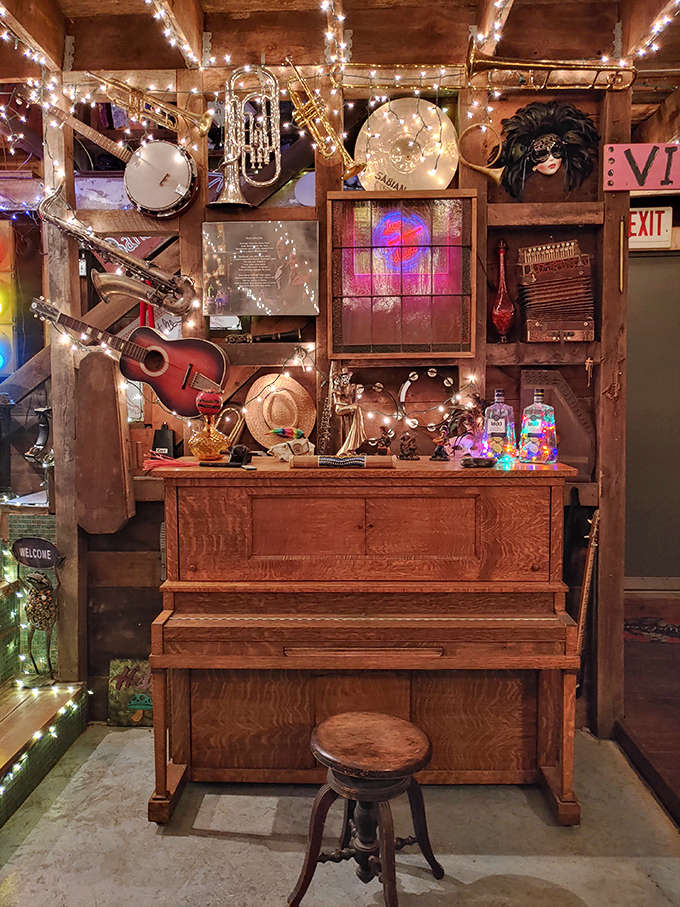 Musical instruments hanging like art remind you that in the '60s, everyone was encouraged to make noise, preferably the joyful kind.