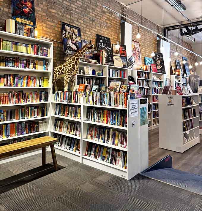 Towering bookshelves create literary canyons to explore, with the watchful giraffe standing guard over fantastical worlds and scientific wonders.