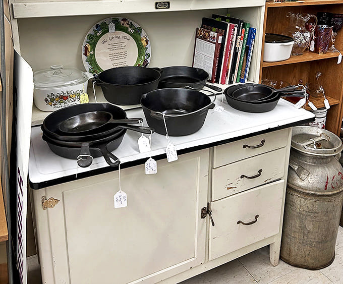Cast iron cookware that has outlived several kitchens stands ready for another century of service. Grandma's secret recipes not included.