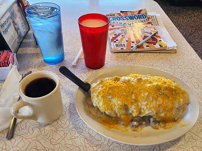 The country burrito arrives loaded with eggs and cheese, ready to fuel your entire day or at least until lunch.