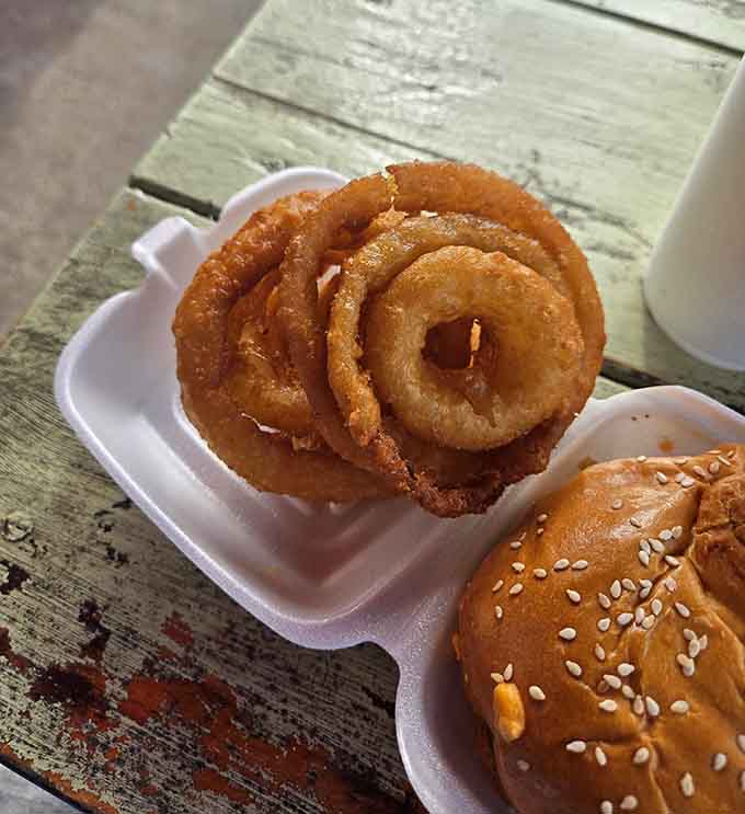 Golden onion rings spiral into crispy perfection, proving that sometimes the best things in life are battered, fried, and absolutely worth it.