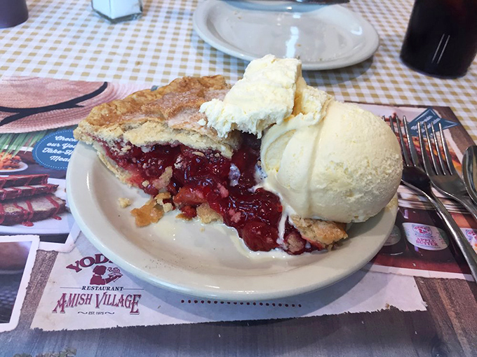 Cherry pie and ice cream: a marriage made in heaven. The lattice crust reveals ruby-red filling that strikes the perfect balance between sweet and tart.