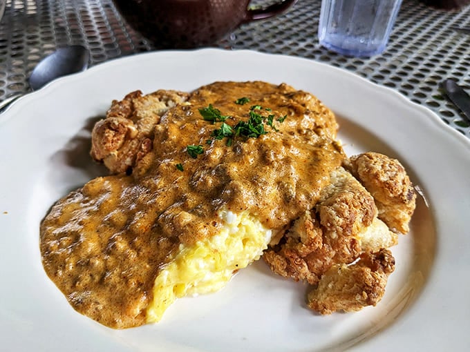 Chicken-fried steak that could make a Texan homesick, smothered in gravy that clearly went to flavor finishing school. Pure comfort on a plate.